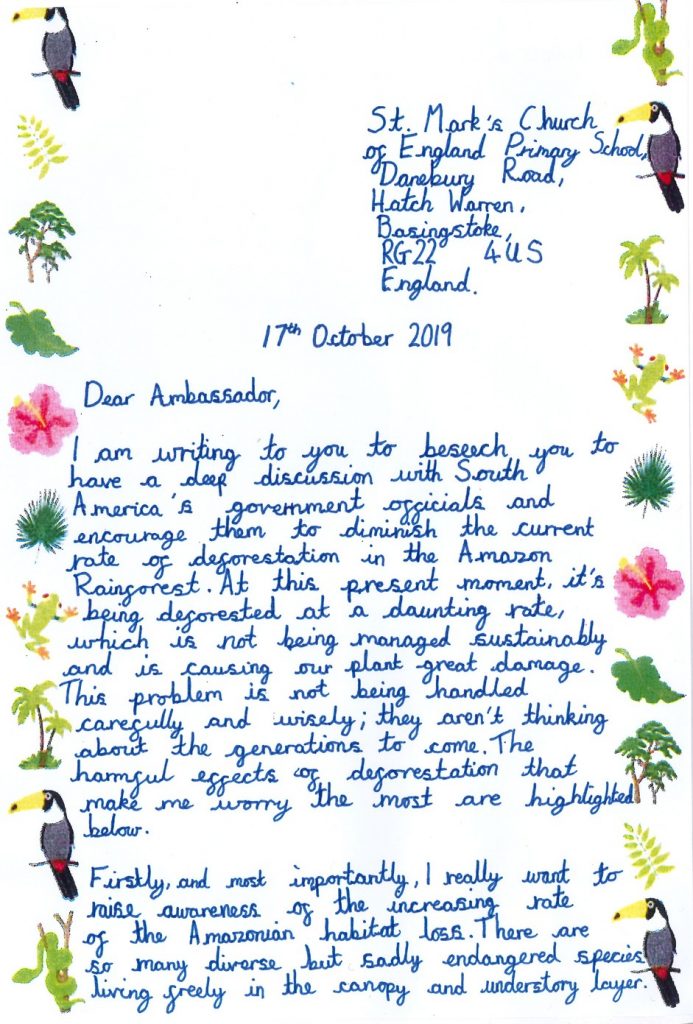 Letter to the Ambassador – St Mark's CofE Primary School